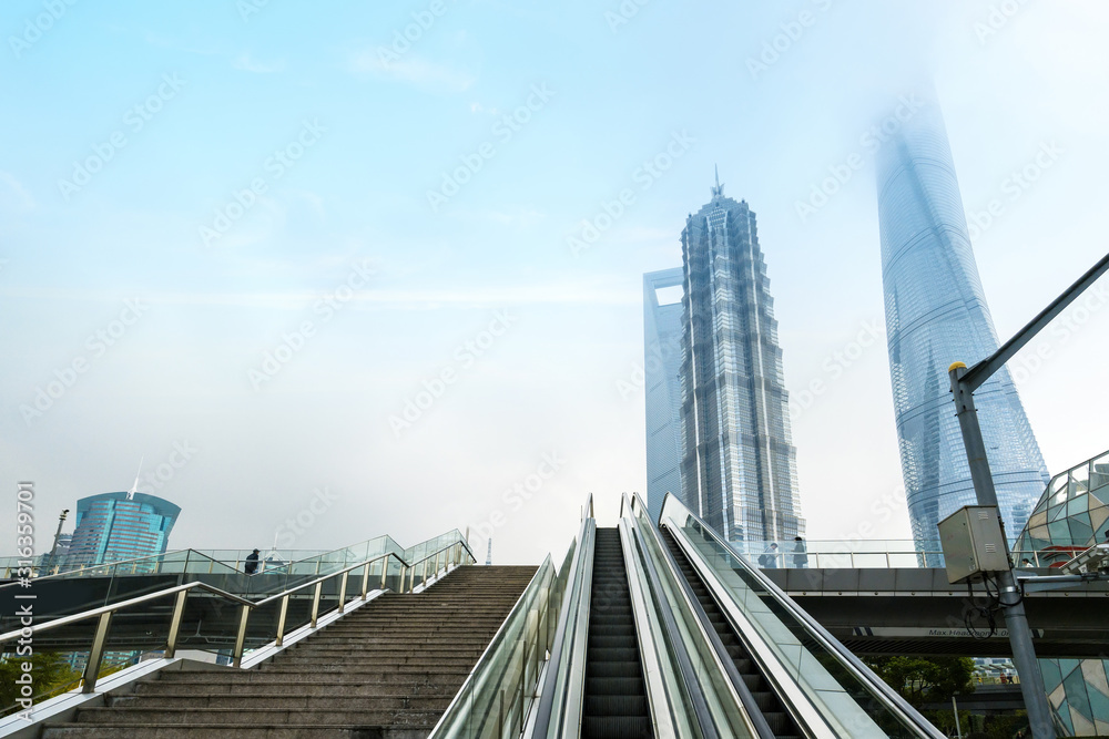 Skywalk escalators and skyscrapers in lujiazui, Shanghai, China Stock ...