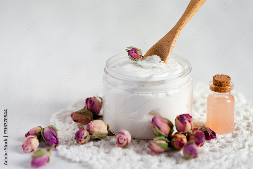 Concept of natural organic ingredients in cosmetology. Extract of rose ...