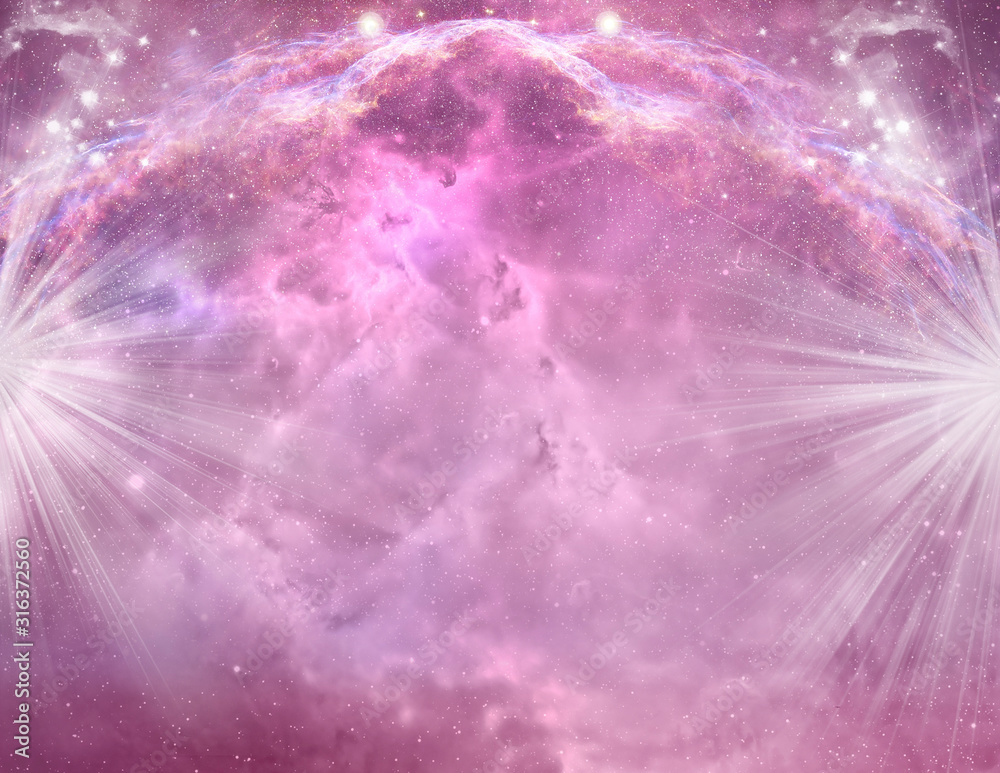 abstract mystical magic esoteric angelic pink background with divine rays of light and stars ...