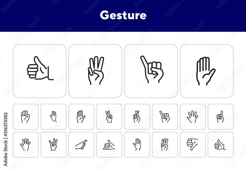 Gesture icon. Set of line icons on white background. Thumb up, open ...