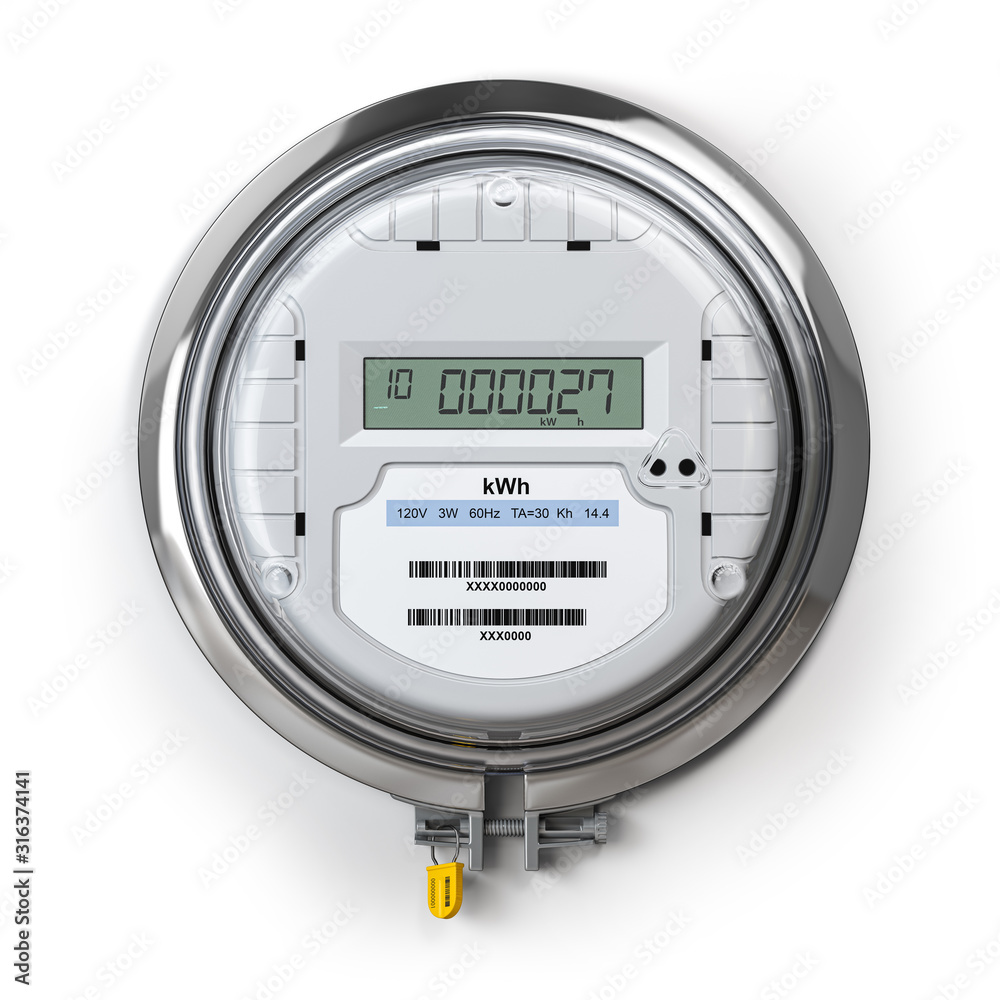 Digital electric meter with lcd screen isolated on white. Electricity ...