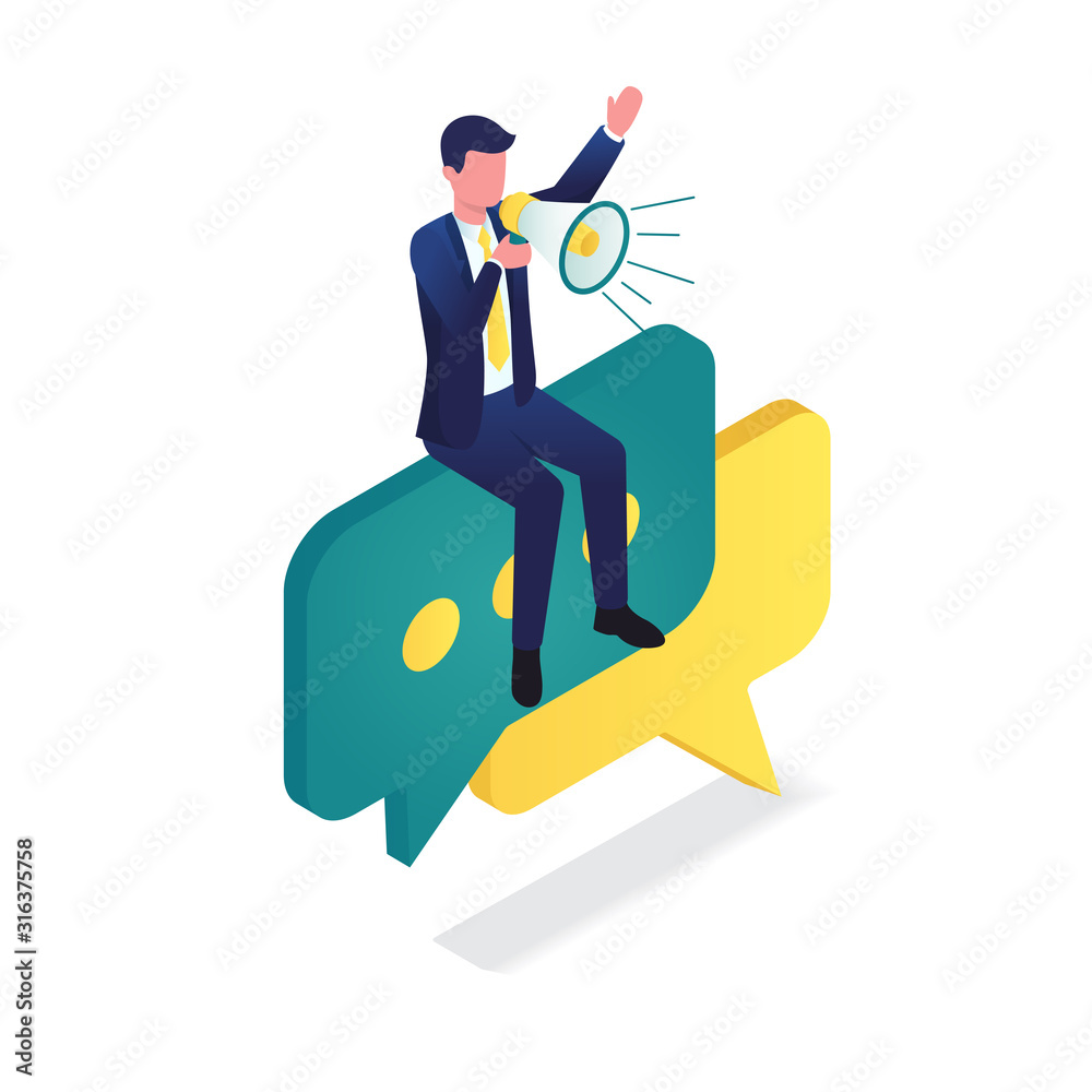 Flat design 3d isometric public speaking with loudspeaker talking to ...