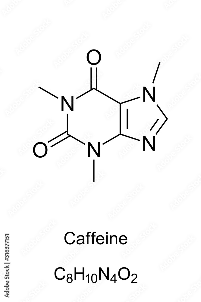 Caffeine molecule skeletal formula. 2D structure of C8H10N4O2, a ...