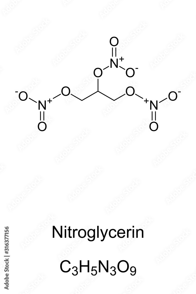 Nitroglycerin molecule skeletal formula. 2D structure of C3H5N3O9 ...