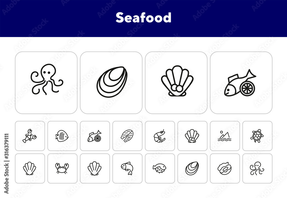 Seafood line icon set. Shrimp, seashell, turtle. Food concept. Can be ...