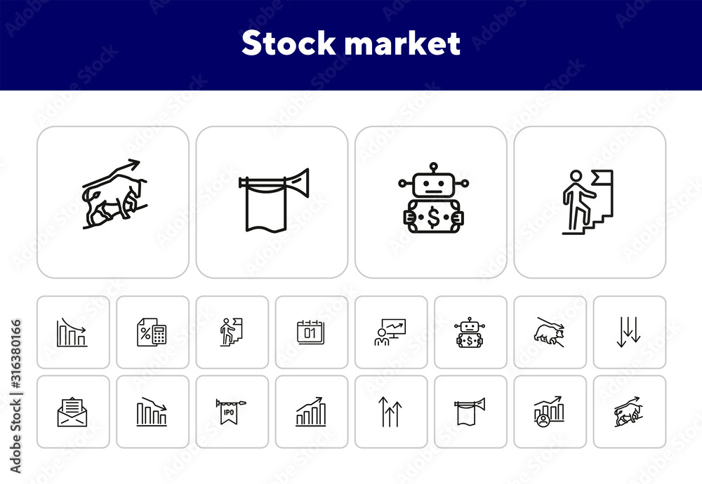 Stock market line icon set. Bear, bull, trader, IPO, charts. Finance ...
