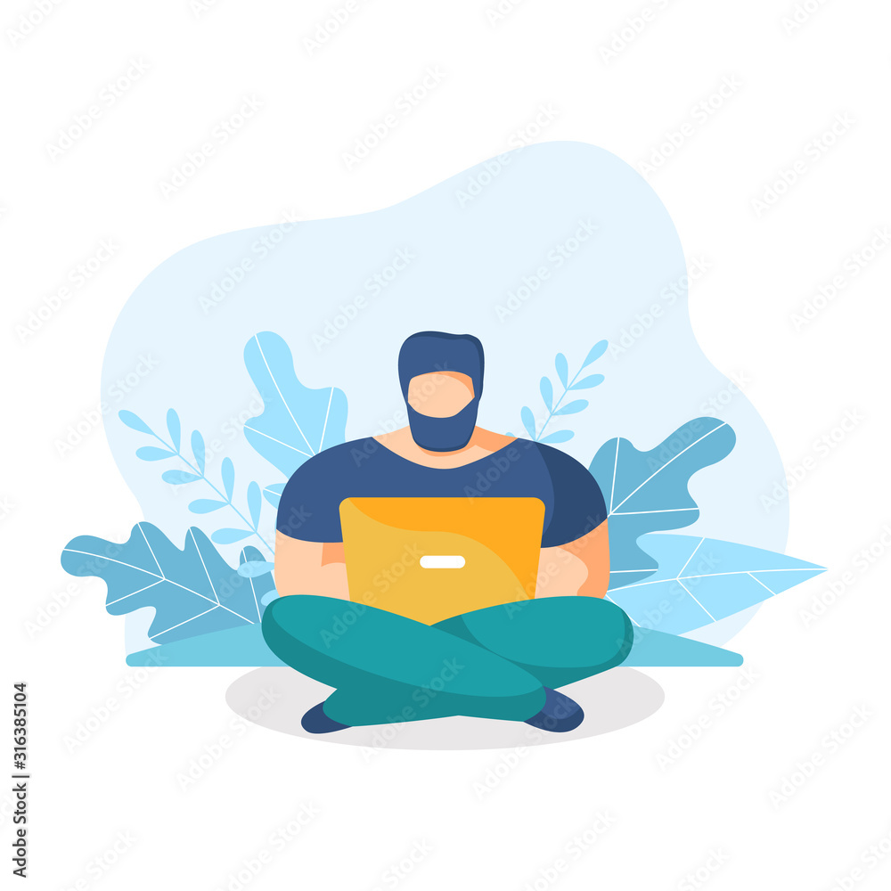 Young man with laptop sitting in nature and leaves. Concept ...