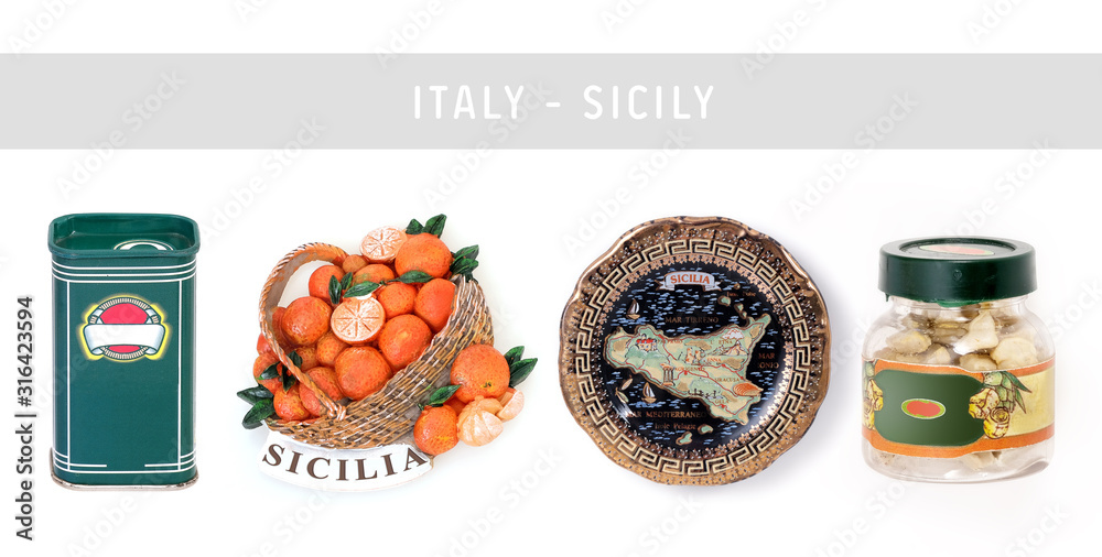 Souvenir (magnet) from from Sicily (Italy) isolated on white background ...