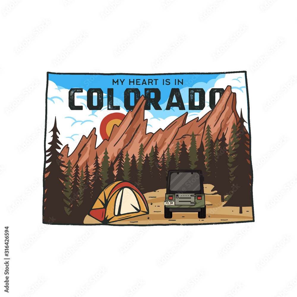 Vintage Colorado camp badge with tourist attractions. Retro style US ...