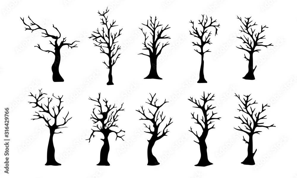 Spooky, Spindly Tree Silhouette Collection Stock Vector | Adobe Stock
