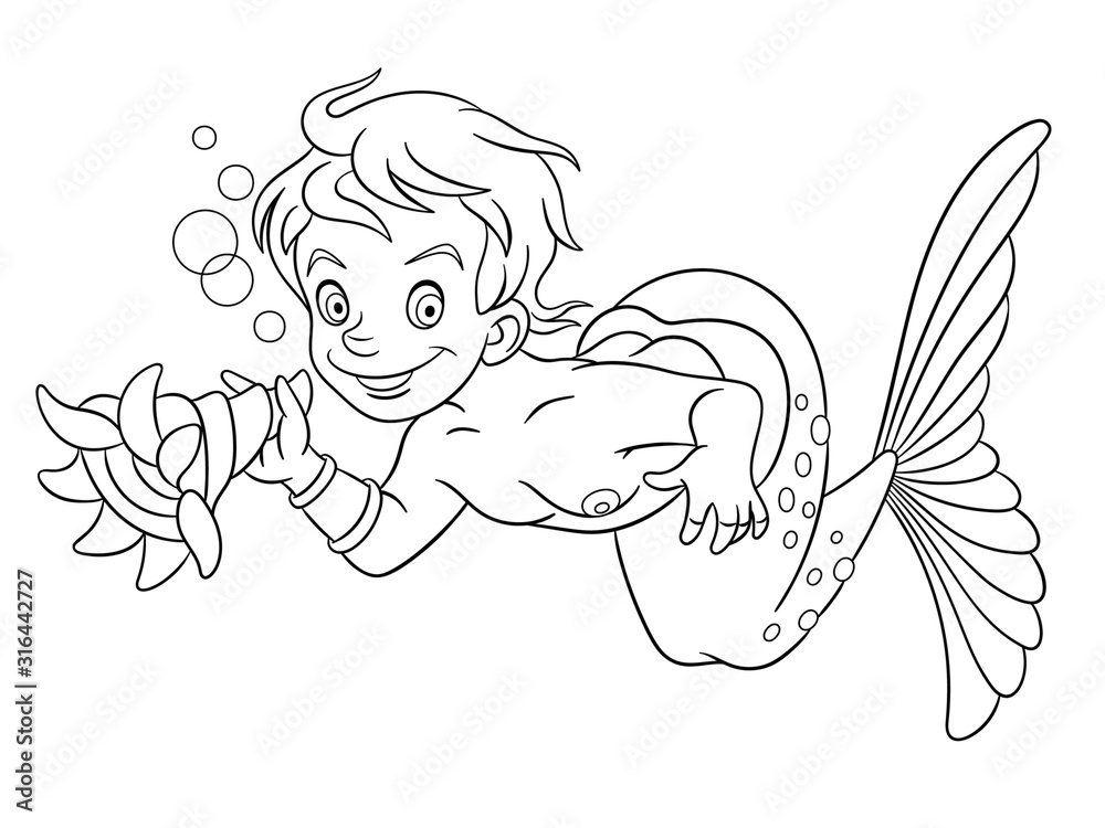 coloring page with mermaid boy Stock Vector | Adobe Stock