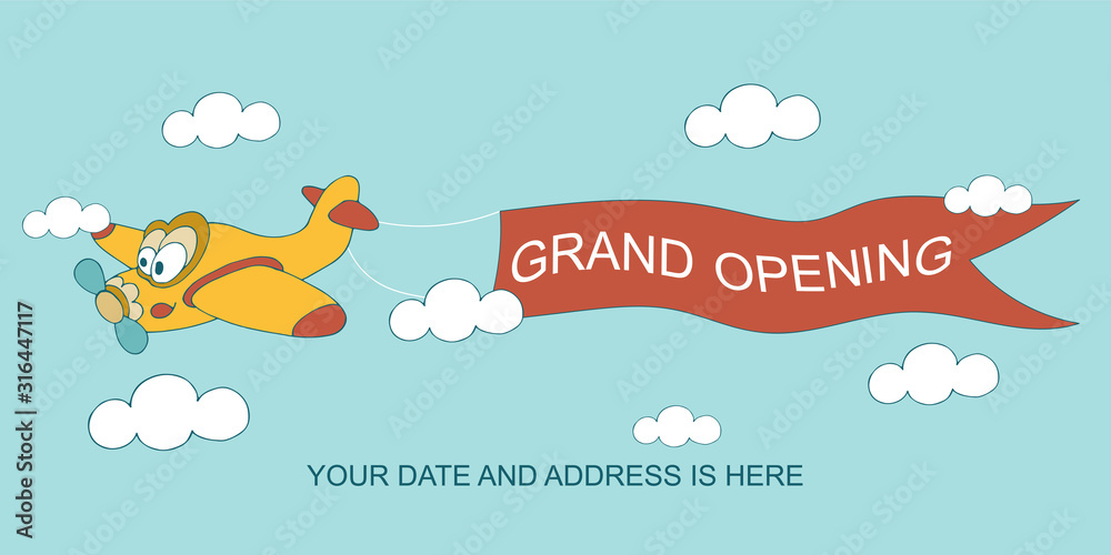 Cartoon child drawn plane with wavy advertising banner for grand ...