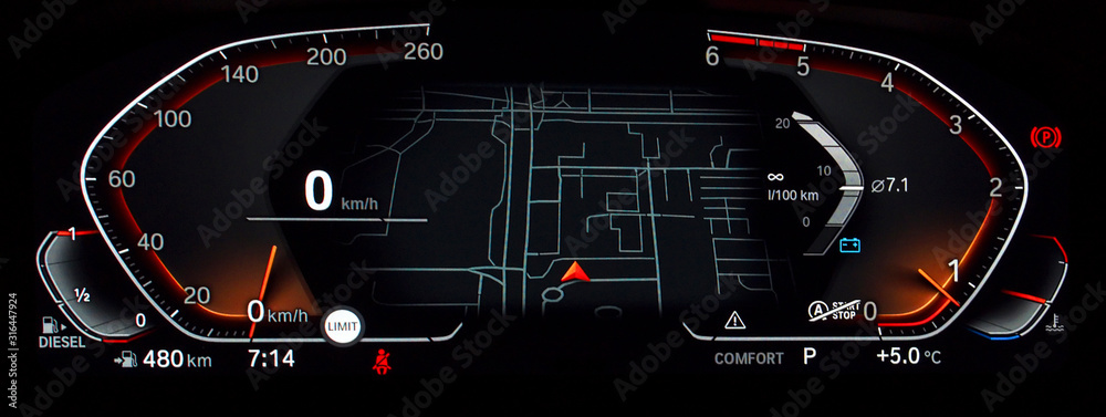 Modern fully digital LCD instrument cluster with navigation screen in ...