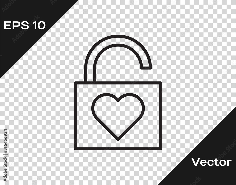 Black line Lock and heart icon isolated on transparent background ...