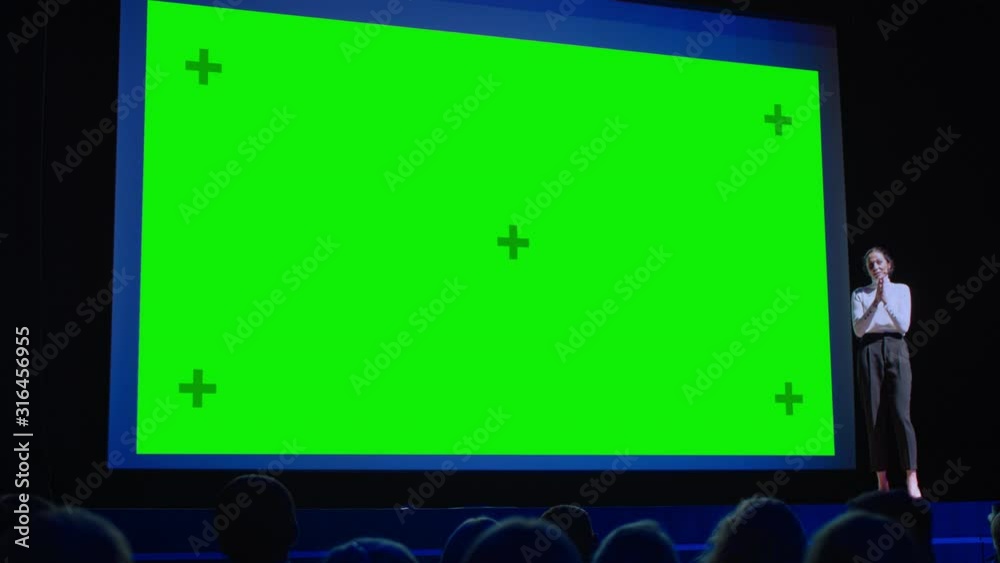 Business Conference Stage: Female Keynote Speaker Presents New Product ...