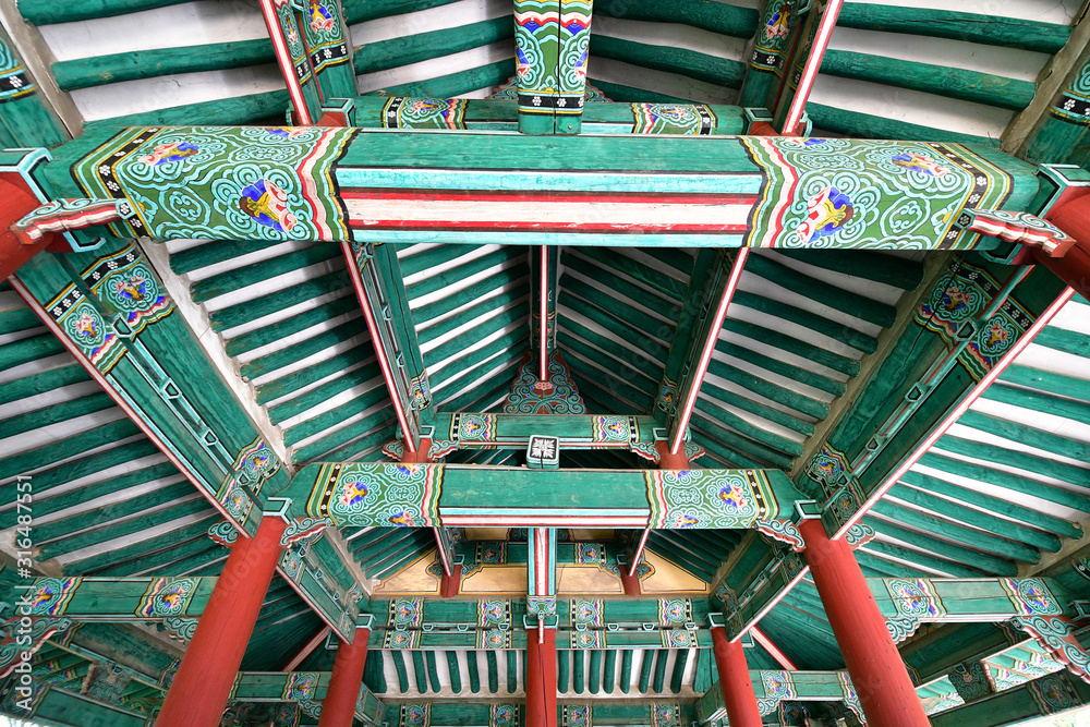 The ceiling of Korean traditional wooden architecture at Manhwaru in ...