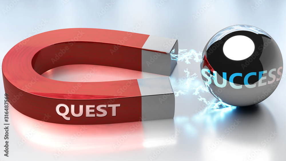 Quest helps achieving success - pictured as word Quest and a magnet, to ...