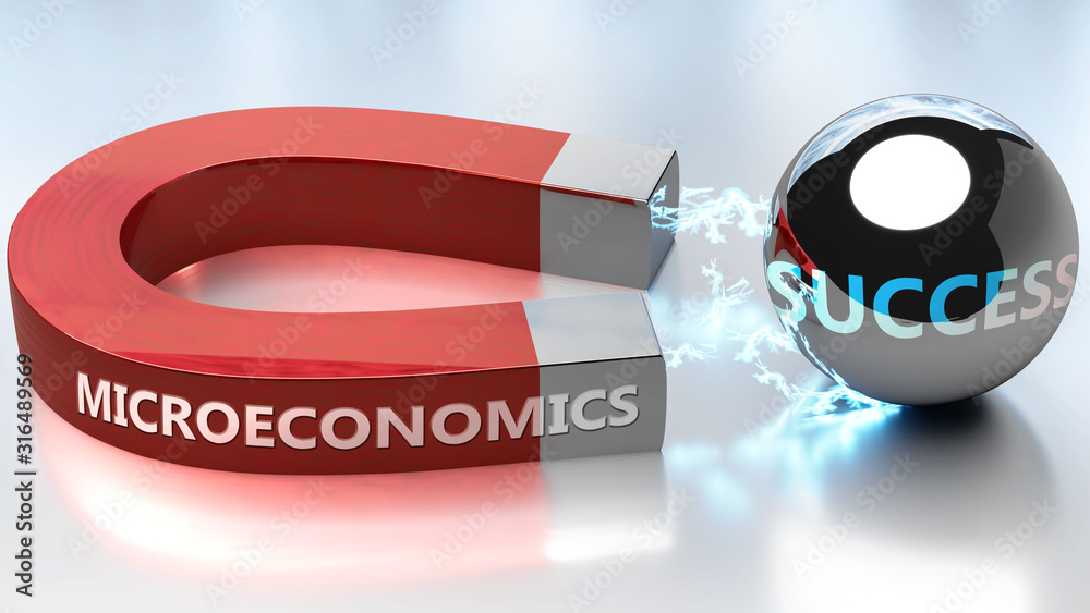 Microeconomics helps achieving success - pictured as word ...