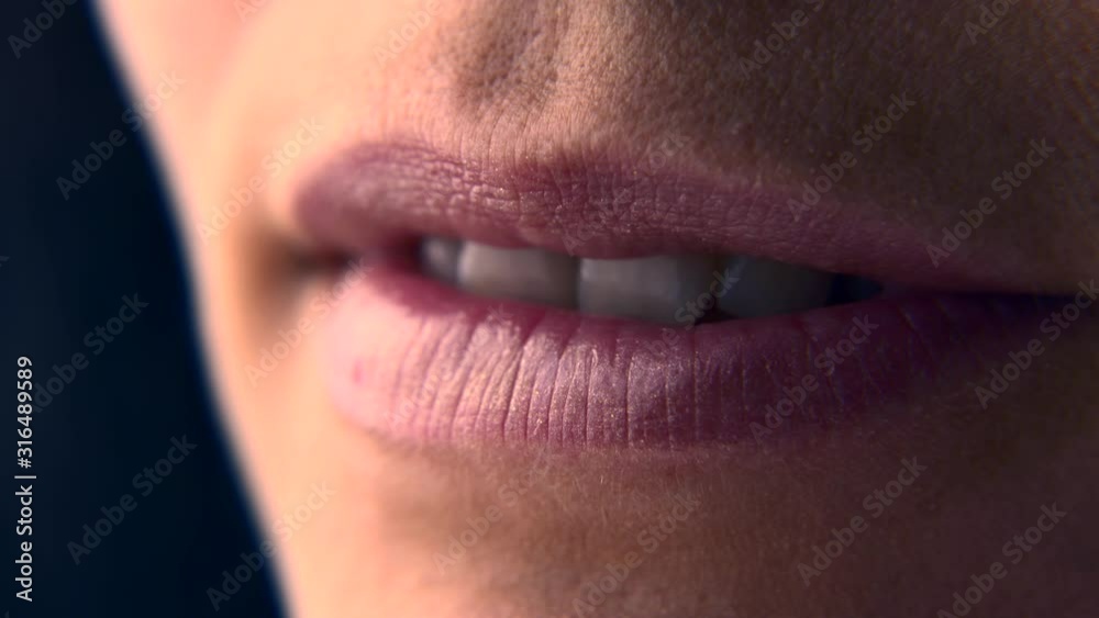 Close-up Woman Lips Teeth. Macro Female Human Mouth. Open Closed. Slow ...