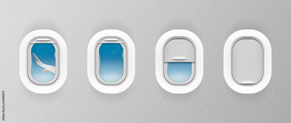 Airplane window set. Plane portholes for banner. Realistic illuminator ...