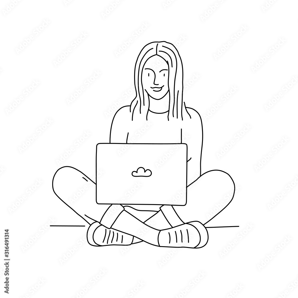 Line drawing of woman sitting with legs crossed and laptop. Vector ...