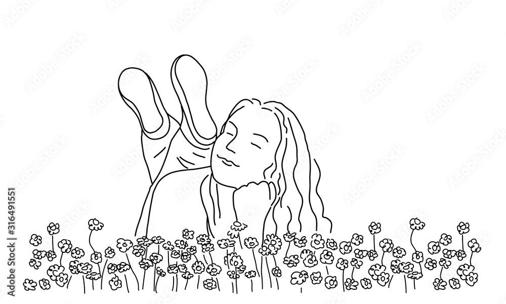 Girl Laying In Grass Drawing