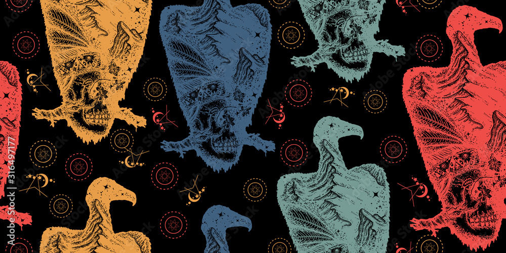 Vulture double exposure. Seamless pattern. Packing old paper ...