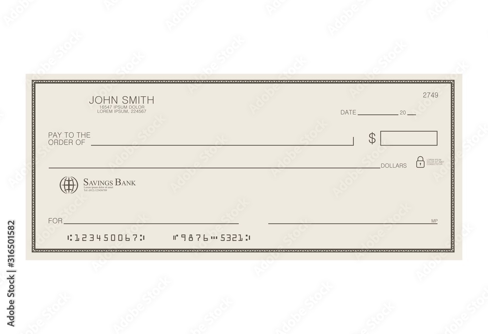 Blank bank cheque. Personal desk check template with empty field to ...