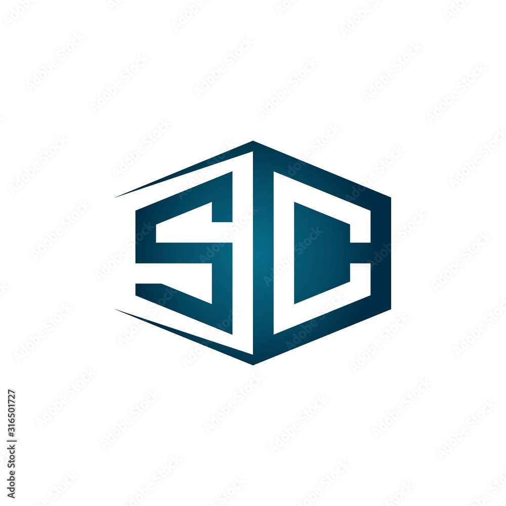 SC monogram logo with hexagon shape and negative space style ribbon ...