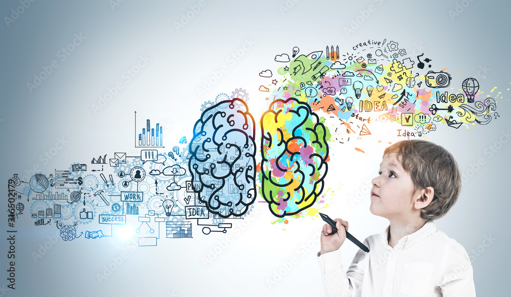 Little boy with marker, colorful brain sketch Stock Photo | Adobe Stock