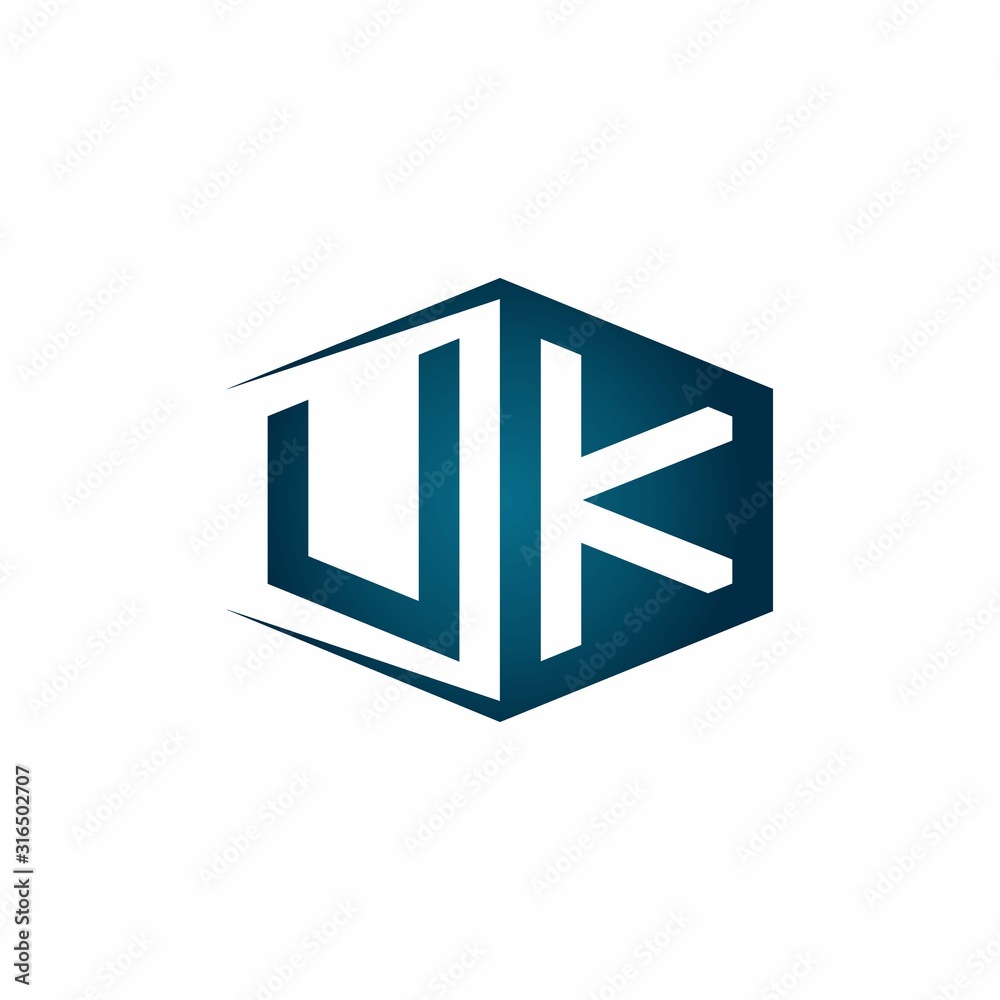 Vetor de UK monogram logo with hexagon shape and negative space style ...