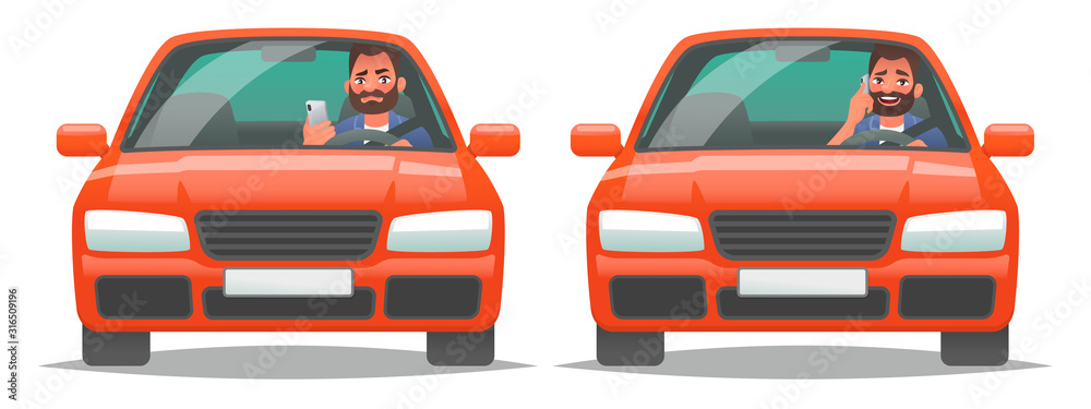 Talking on the phone while driving a vehicle. A man in a car uses a ...