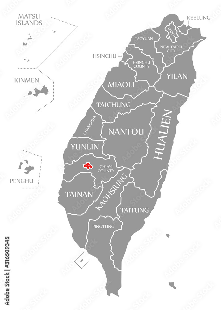 Chiayi red highlighted in map of Taiwan Stock Illustration | Adobe Stock