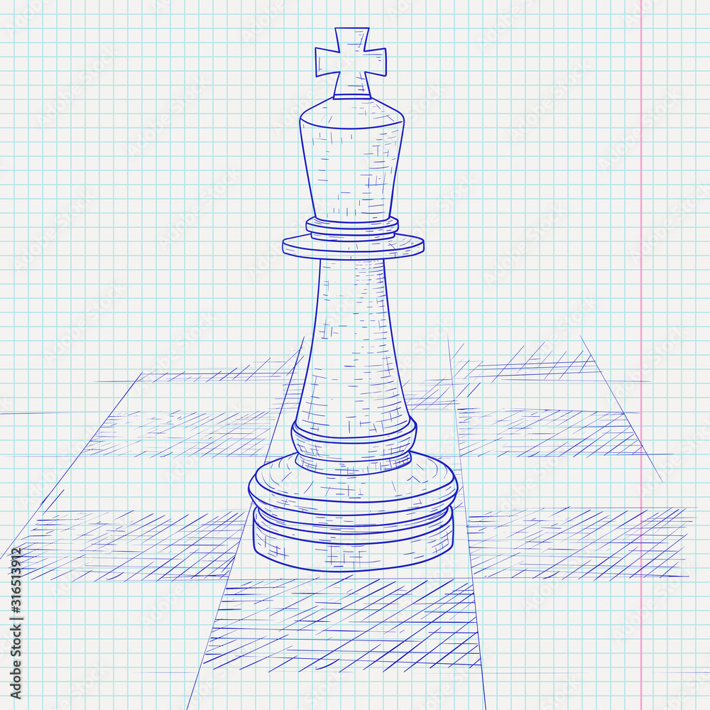 The king chess piece on a chess board. Hand drawn sketch on lined paper ...