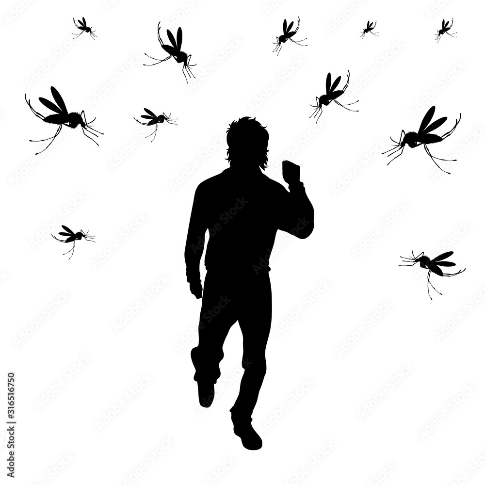 Vector silhouette of man who runs away mosquito on white background ...
