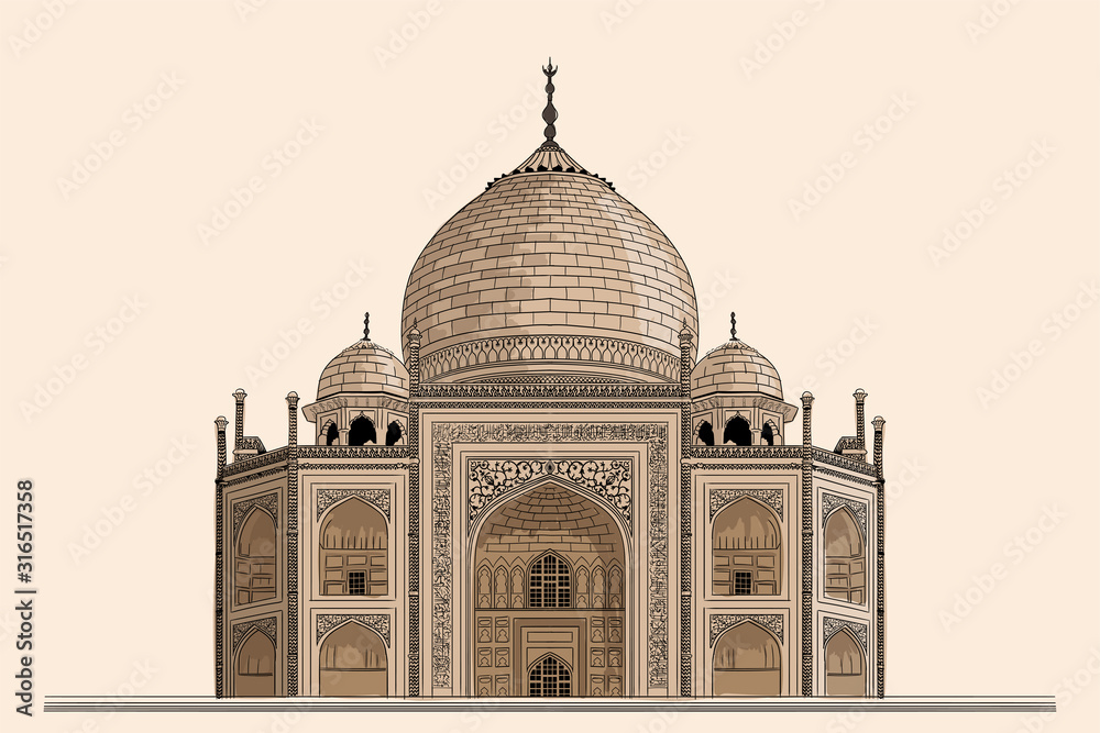 Ancient Indian temple mausoleum of Taj Mahal. Drawing on a beige ...