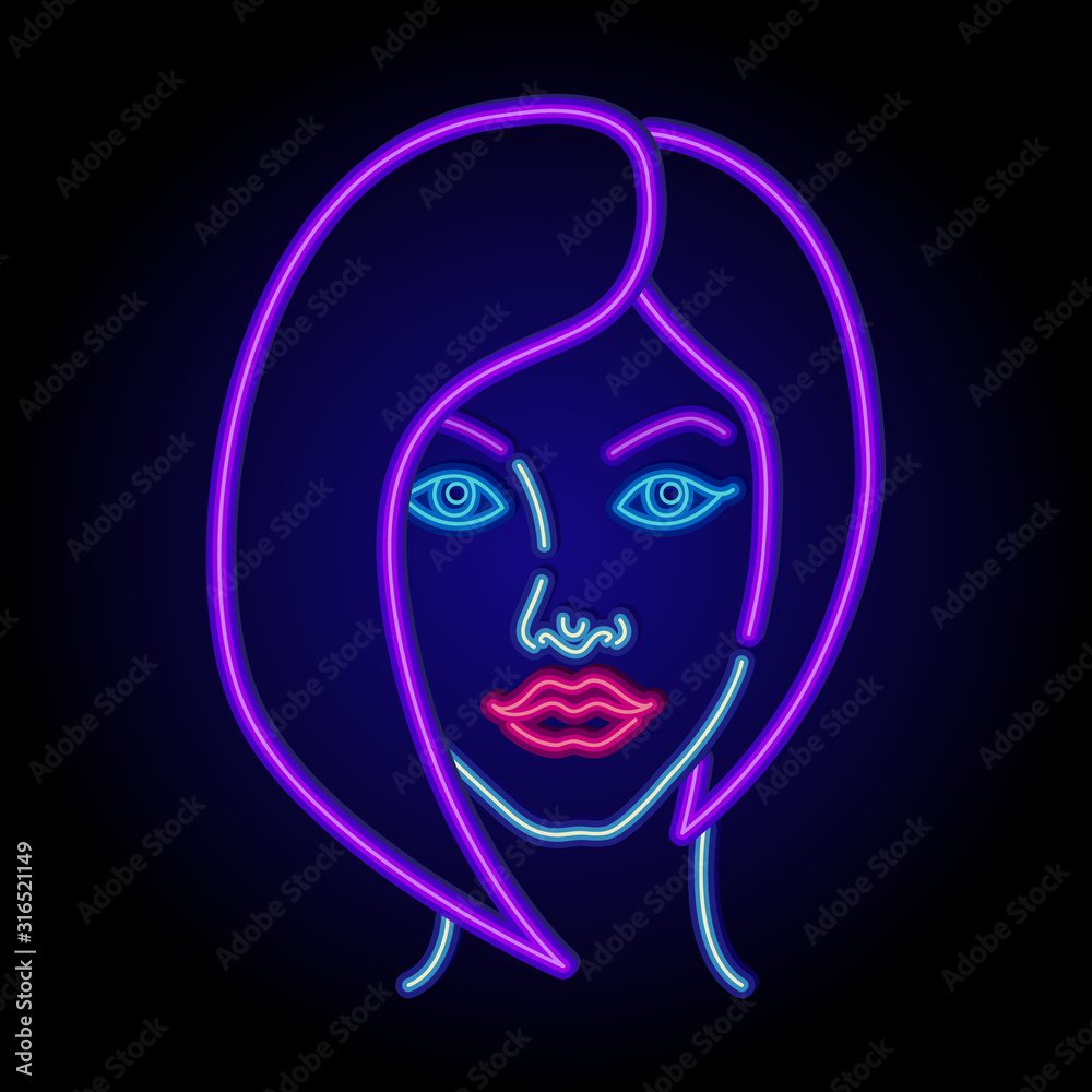 Neon sign girl face. Pop style, illumination glow effect. Retro ...