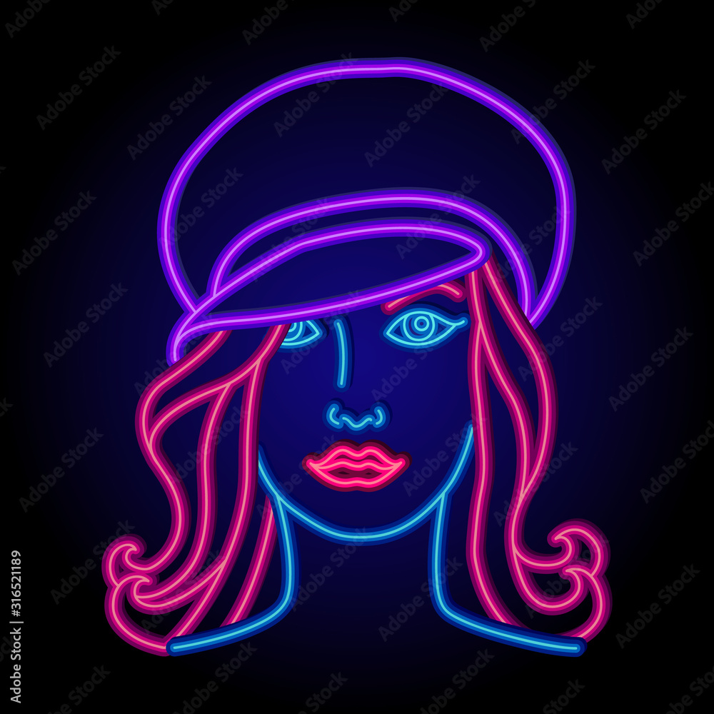 Neon sign girl face. Pop style, illumination glow effect. Retro ...