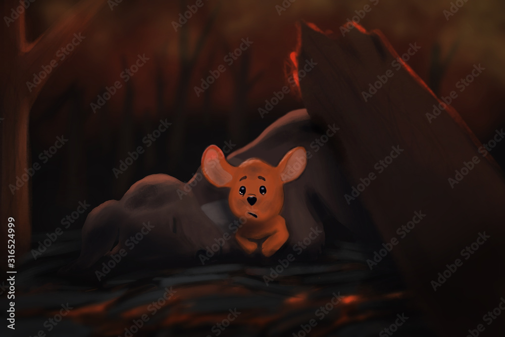 Sad crying kangaroo lies hidden under the dead mother. Forest fire ...