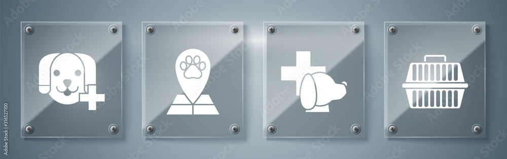 Set Pet carry case, Veterinary clinic symbol, Map pointer with ...