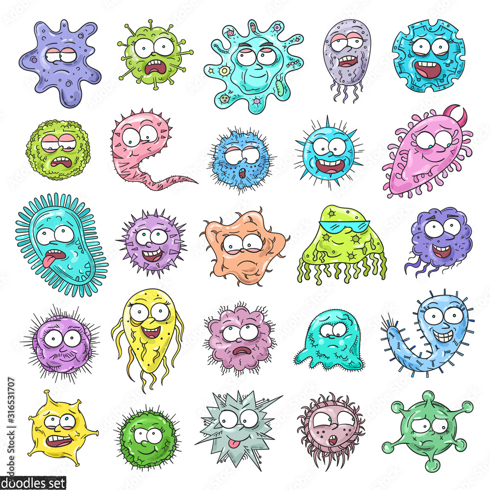 Microbes doodles set. Viruses. Bacteria. Cells. Germs. Allergy. Disease ...