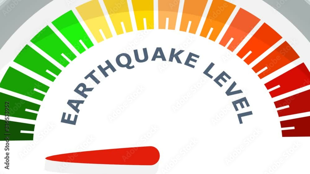 Earthquake magnitude levels scale from green to red with arrow. Seismic ...