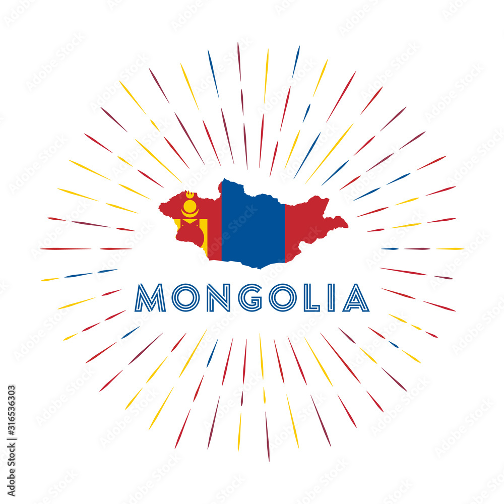 Mongolia sunburst badge. The country sign with map of Mongolia with ...