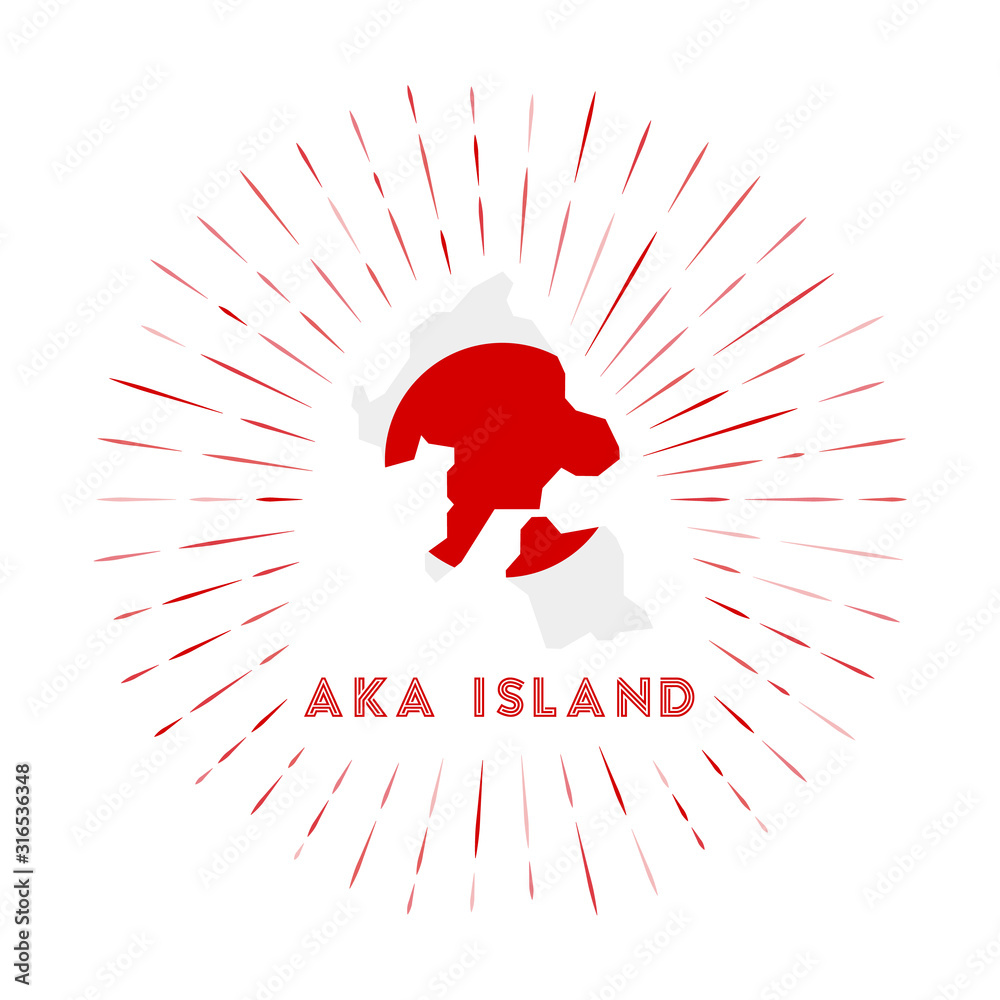 Aka Island sunburst badge. The island sign with map of Aka Island with ...