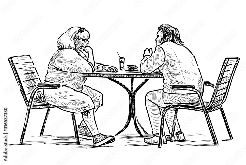 Freehand drawing of couple citizens sitting in outdoor cafe and talking ...