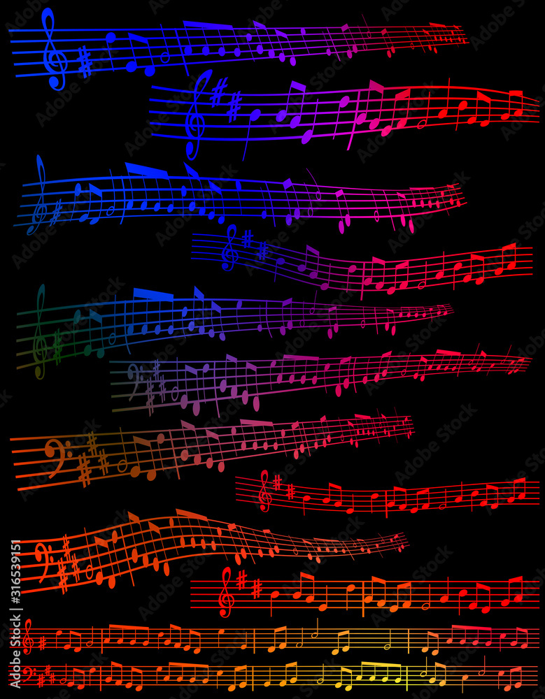 Set of musical notes with color gradient fill. Colored musical notes ...