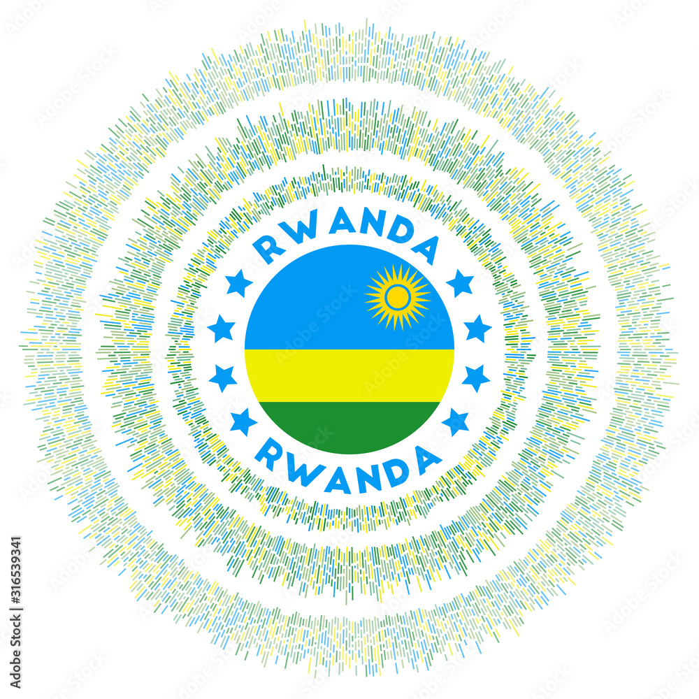 Rwanda symbol. Radiant country flag with colorful rays. Shiny sunburst ...