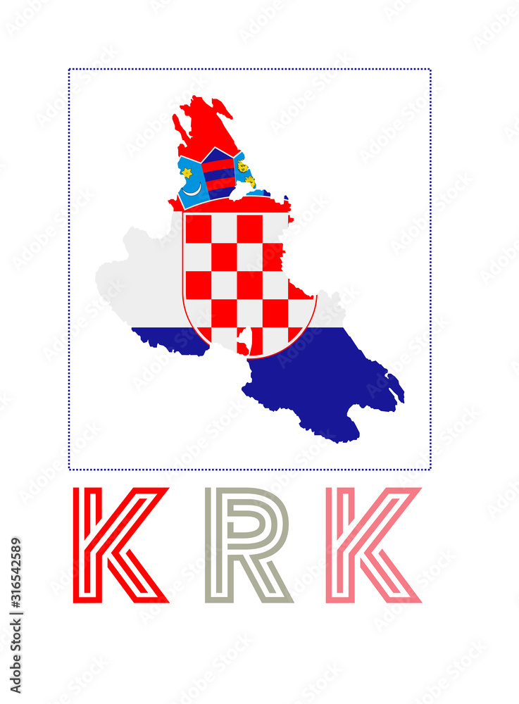 Krk Logo. Map of Krk with island name and flag. Astonishing vector ...