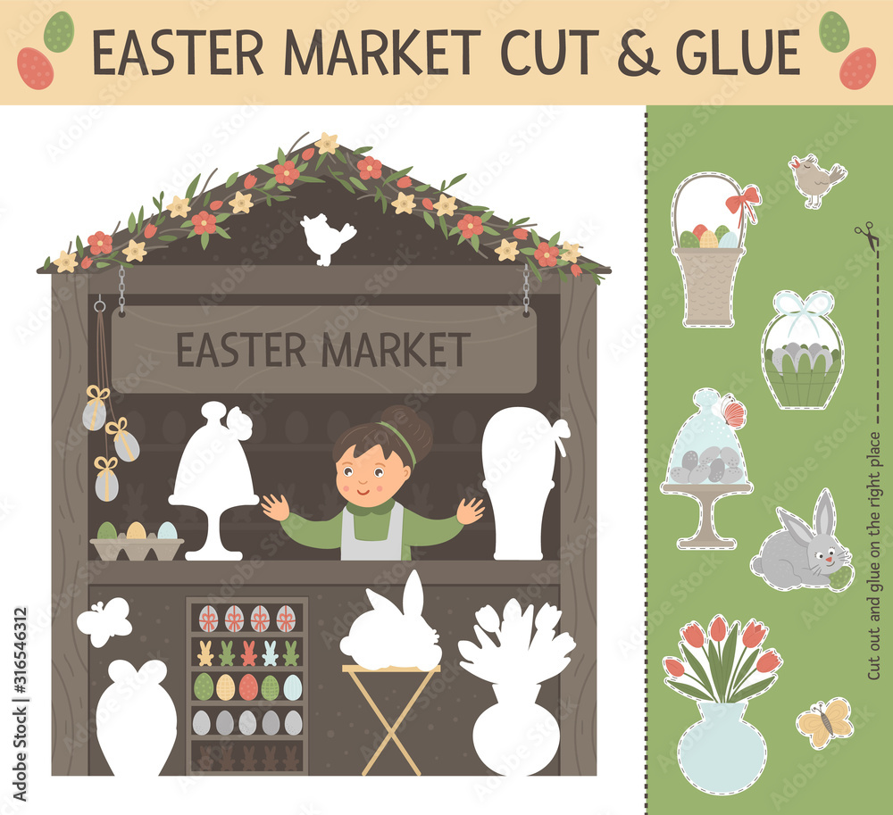 Vector Easter market cut and glue for children. Spring holiday ...