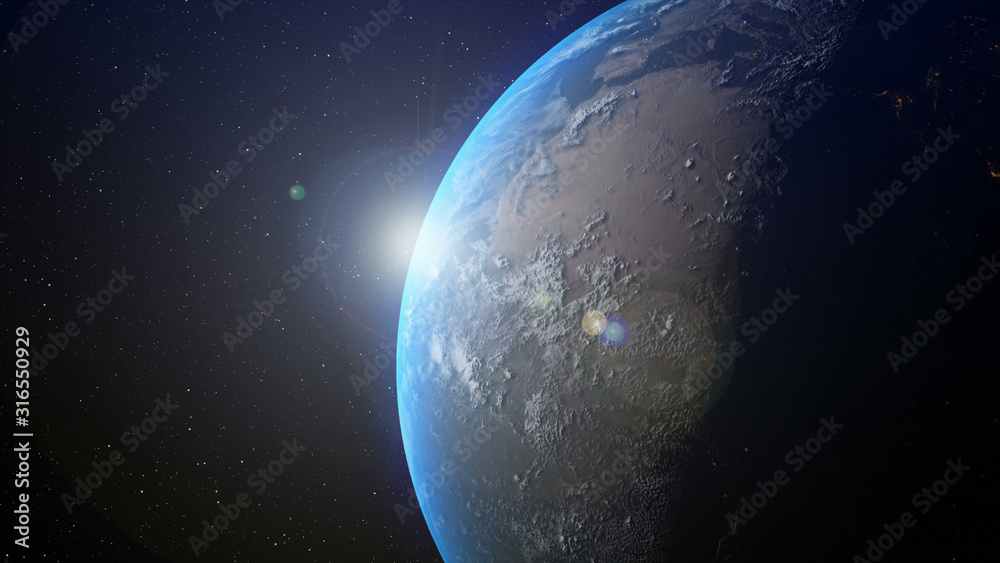 Realistic earth planet with sunrise at the horizon by 3d rendering ...